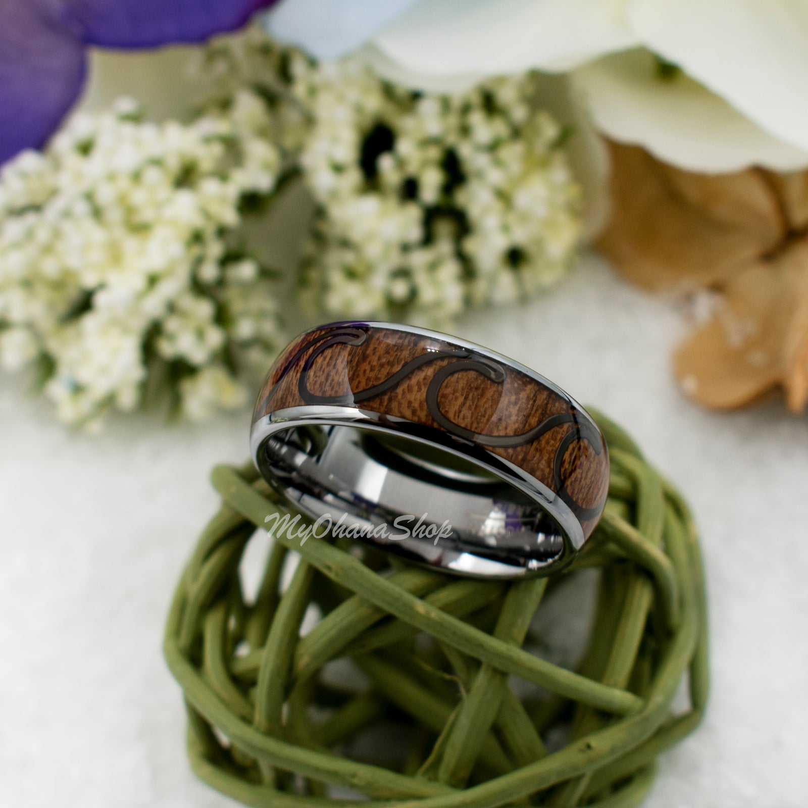 Tungsten Carbide Ring With Natural Koa Wood Inlay - With Waves – Ohana ...